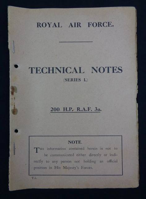ORIGINAL WW1 RAF "TECHNICAL NOTES" for the "200 H.P. R.A.F. 3a" AERO ...