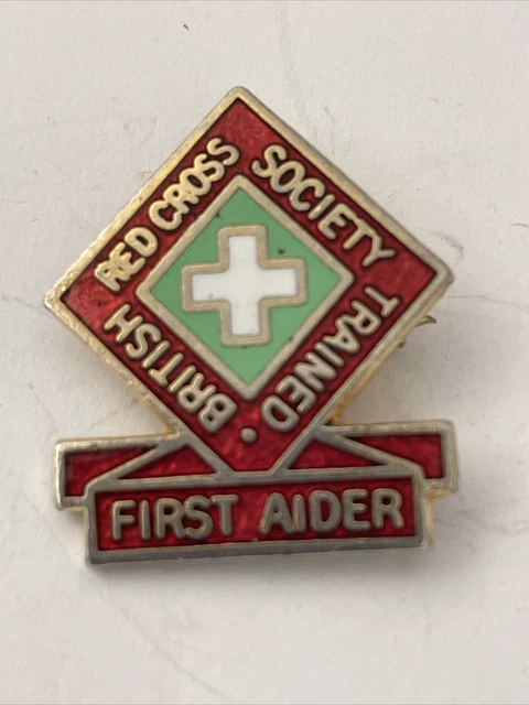 VINTAGE OLD BRITISH Red Cross Society Trained First Aider Enamel Brooch ...