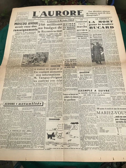 FAC-SIMILE JOURNAL AURORE/URSS Et Bombe Atomique/Bucard/Graines De Lin ...