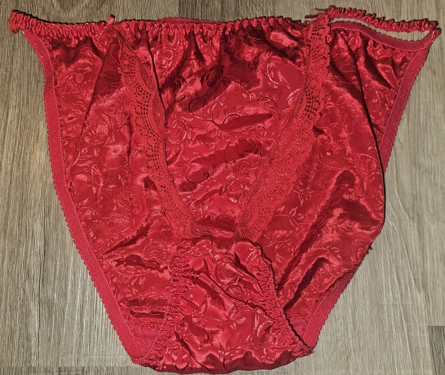 VINTAGE RED POLYESTER Satin Lace String Bikini Panties L/7 Floral $19. ...