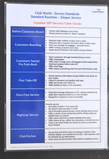 BRITISH AIRWAYS ~ Club World ~ Service Standards ~ Crew Check Sheet ...