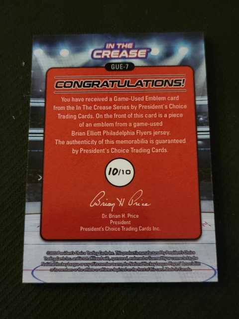 2022 IN THE CREASE BRIAN ELLIOTT GUE-7 #ed 10/10 GAME USED EMBLEM PATCH ...