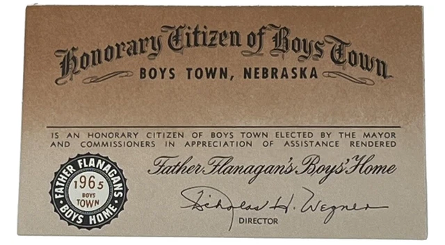 1965 HONORARY CITIZEN of Boys Town Membership Card Nebraska Father ...