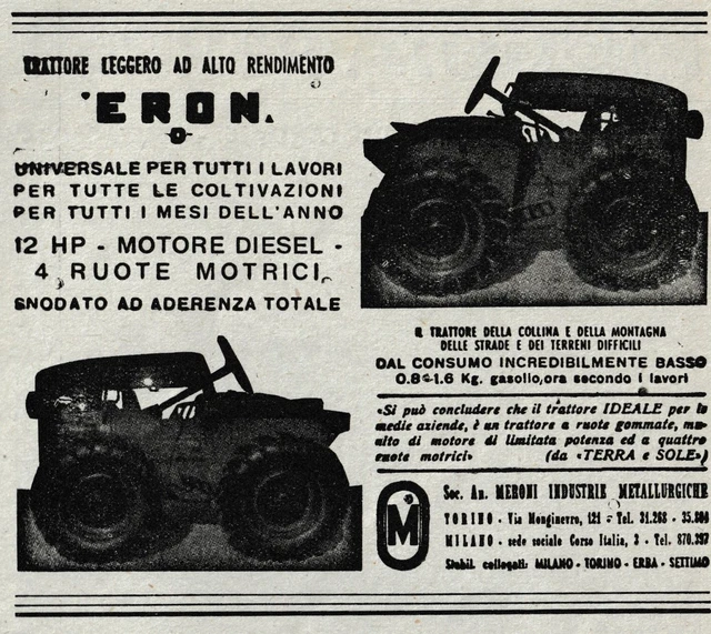 PUBBLICITA' 1952 TRATTORE Leggero Eron 12Hp Macchine Agricole Meroni ...