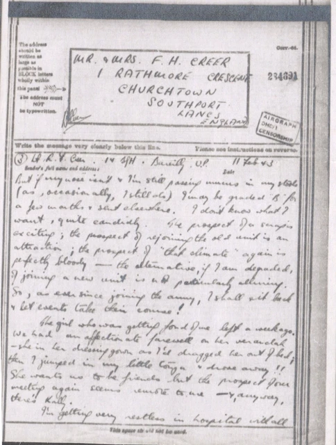 WW2 AIRGRAPH Quetta India -Southport Lieut 10th Lancs Fusiliers FEB ...