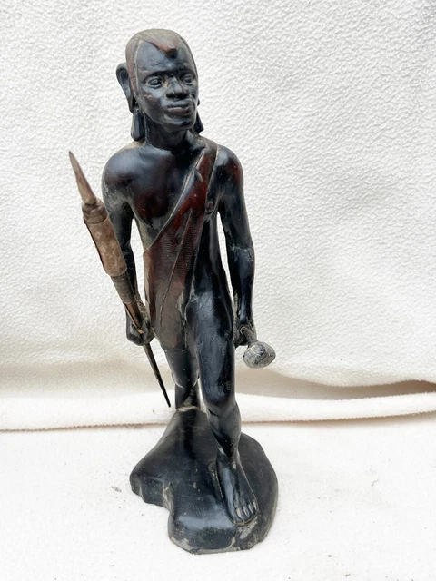 ANTIQUE HUNTER MAN Carved Wooden African Native Indian Figurine Statue ...