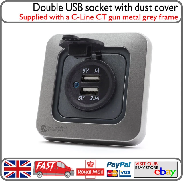 C-LINE METAL GREY Double USB 12v 24v Charging Socket Camper Caravan VW ...
