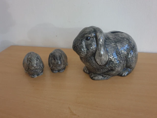 QUAIL POTTERY LOP eared grey rabbit salt & pepper cruet set & money box ...