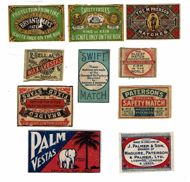 10 OLD BRITISH early 1900s Matchbox labels (panels) Bell & Co, Paterson ...