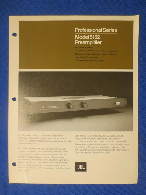 JBL 5152 PREAMPLIFIER Pro Series Brochure Catalog Original $10.66 - PicClick CA