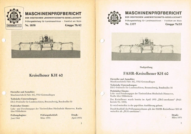 FAHR KREISELHEUER KH 60, orig. DLG- Prüfbericht + Nachprüfung 1970 / 75 ...