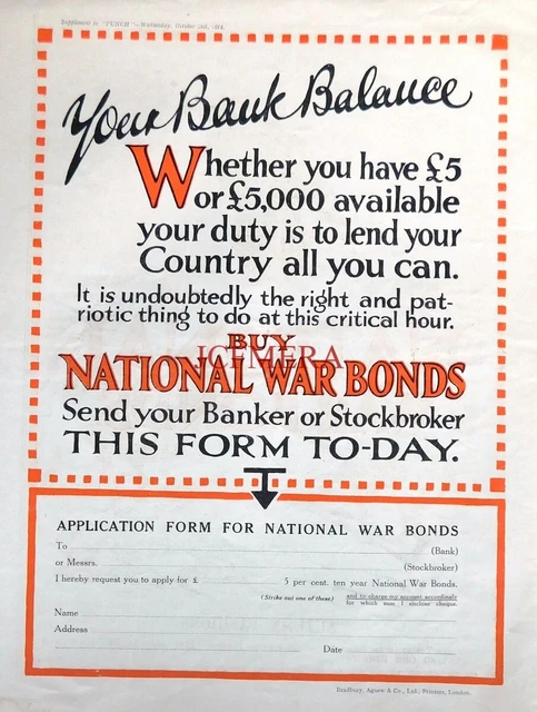 NATIONAL WAR BONDS Application Form WW1 ADVERT Vintage Original Print ...