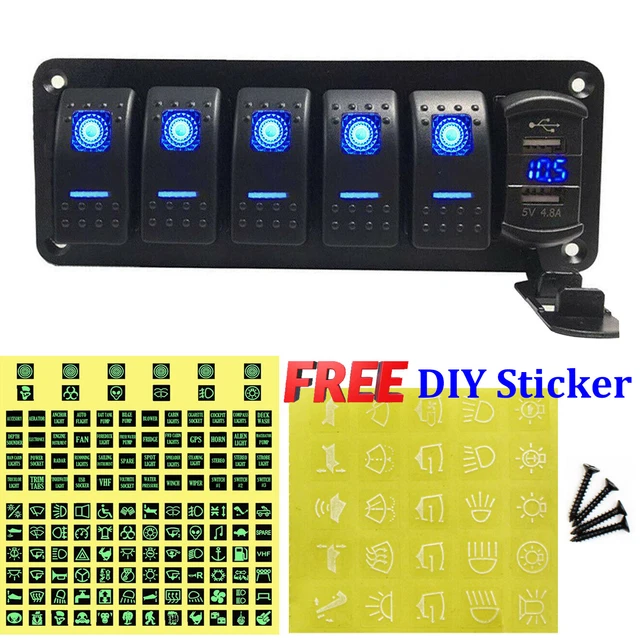 6 GANG SWITCH Panel 2USB Interior Control Car Boat Marine Rocker ...