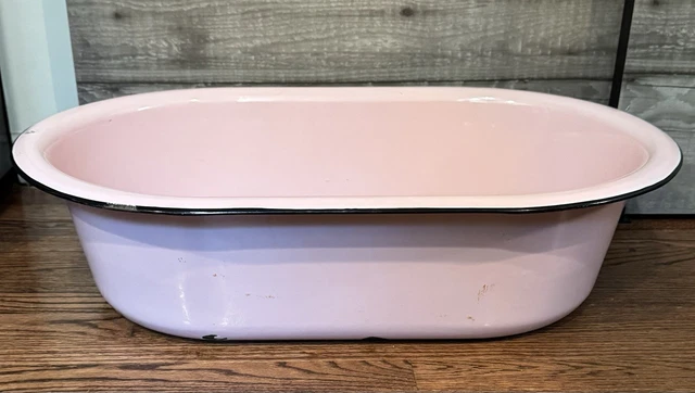 VINTAGE LARGE PINK Enamel Oval Basin Wash Tub Baby Bath Planter RARE £ ...