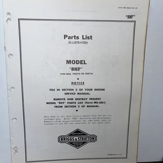 BRIGGS & STRATTON Engine Models 8HF Illustrated Parts Catalog List $65. ...