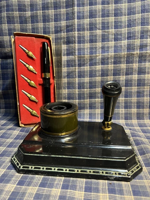 ANTIQUE DESK INK Well, Pen Holder, Speedball Pen Set, Art Deco ...