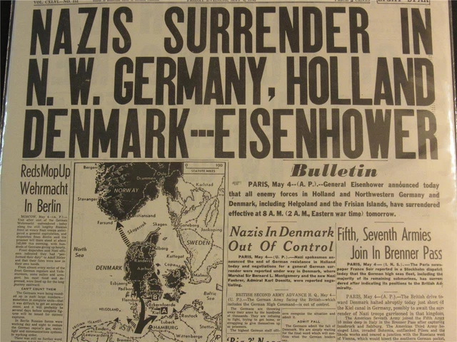 VINTAGE NEWSPAPER HEADLINE~ World War 2 Hitler Nazis Surrender Germany ...