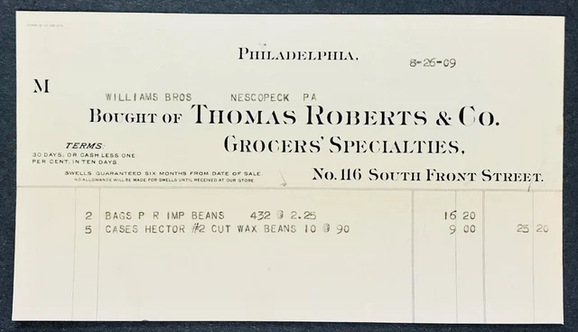 PHILADELPHIA PA THOMAS Roberts and Co Receipt Grocers Specialties 1909 ...
