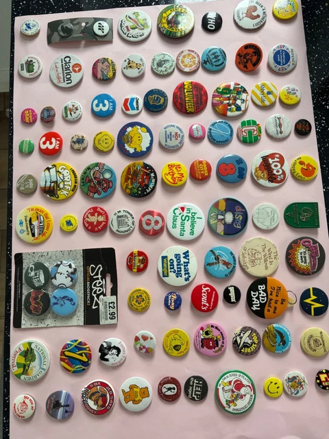90 VINTAGE TIN pin Badges some new some with old age mark £11.12 ...