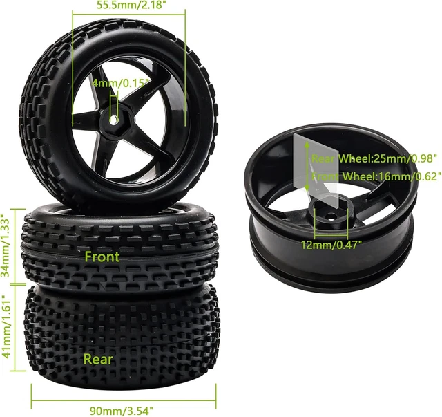 1/10 SCALE OFF Road RC Buggy Front & Rear Wheel Rims and Tyres X4 Black ...