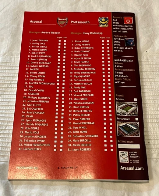 2003/4 ARSENAL INVINCIBLES season football programme Arsenal v ...