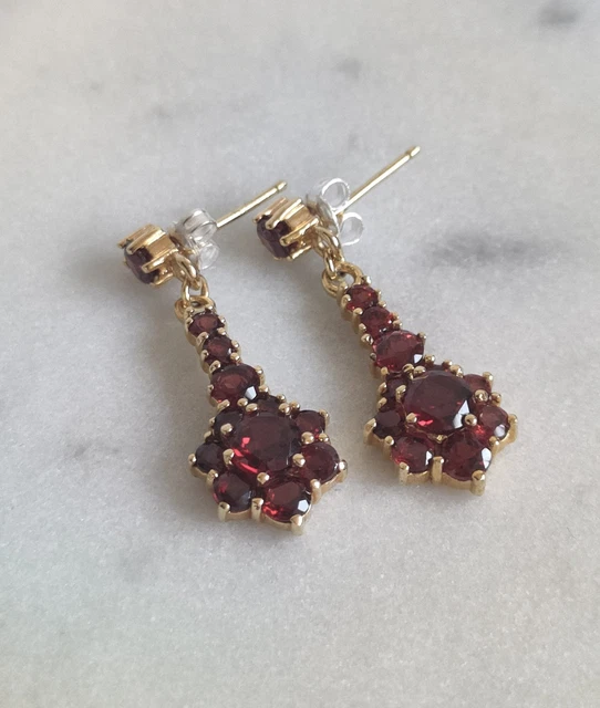 VINTAGE GARNET DROP Earrings 925 Sterling Silver Gold Plated Cluster ...