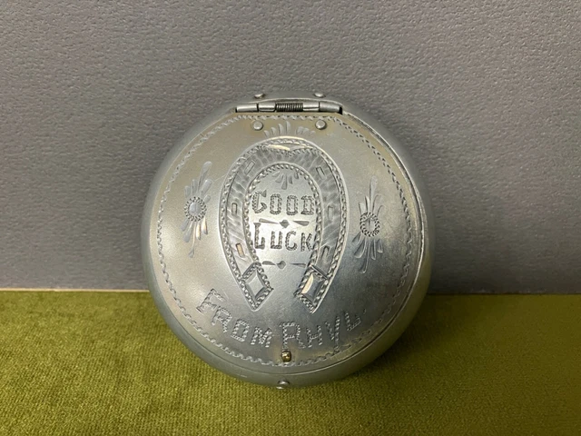 UNUSUAL ANTIQUE VINTAGE aluminium "Good Luck From Rhyl" snuff tobacco ...