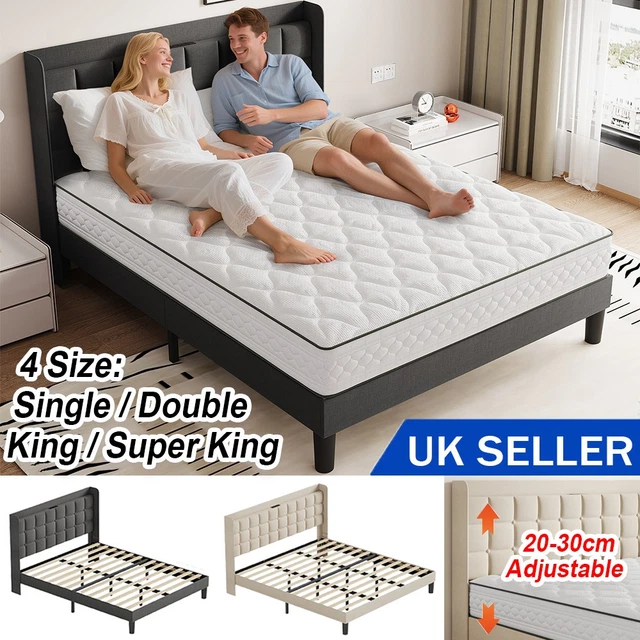 ADJUSTABLE BED FRAME Linen Upholstered Headboard Single Double Super ...