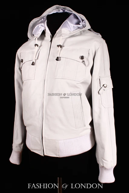 MENS LOCKHEED HOODED Bomber Jacket White Soft Lamb Leather Quilted ...