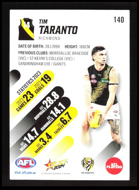 AFL 2024 SELECT Richmond Tim Taranto 140 Card CB-1-4-B-20 EUR 1,67 ...