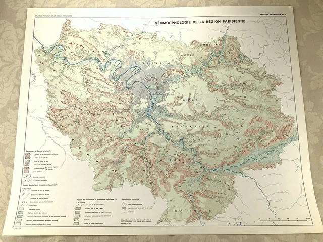 1967 MAP OF Paris France Geomorphology bathymetric Physical Land ...