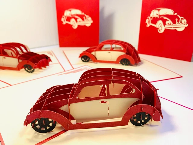 ORIGAMI POP CARDS Red Vintage Car VW 3D Pop Up Greeting Card Happy ...