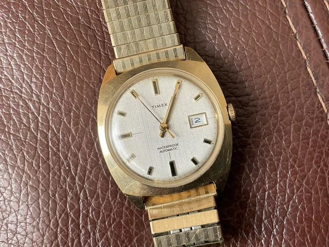 VINTAGE GENTS TIMEX Automatic Watch 1960s-70s Gold Plated Linen Dial ...