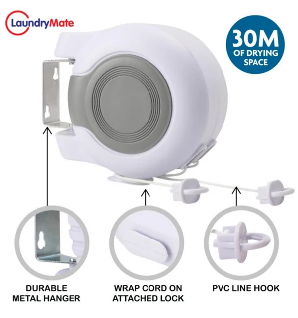 30 METER RETRACTABLE Washing Line Airer Clothes Wall Mount Reel Dryer ...