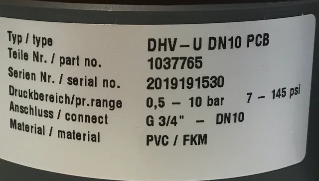 PROMINENT BACK PRESSURE Valve / Relief Valve Type DHV-U MFR No. 1037765 ...