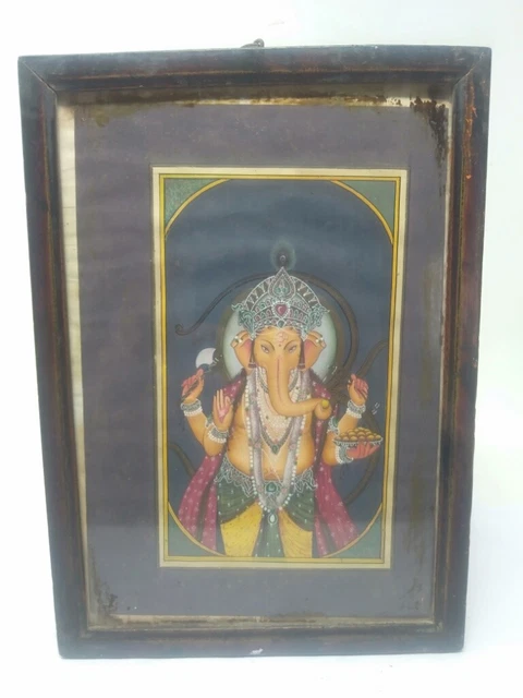 COLLECTIBLE RARE HINDU God Ganesha Beautiful Lithograph Print Framed 11 ...
