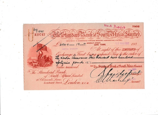 STANDARD BANK OF South Africa Cheque 1932 £3.29 - PicClick UK
