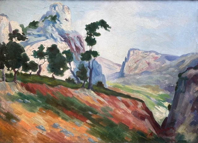 TABLEAU ANCIEN huile Montagne Alpilles signé sommet arboré cadre XX ème ...