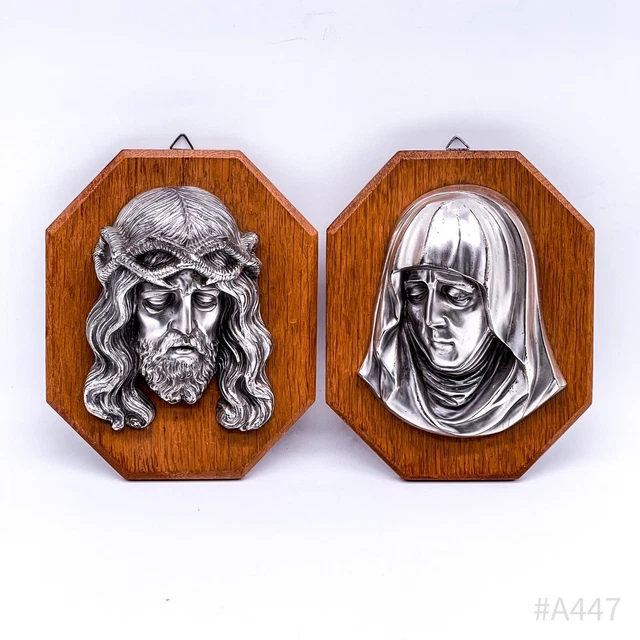 2ER SET VINTAGE Wandbild aus Holz mit Zinn Relief „Maria & Jesus“ 30er ...