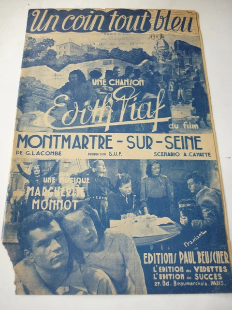 PARTITION UN COIN tout bleu Edith Piaf 1941 Marguerite Monnot v1 EUR 4 ...