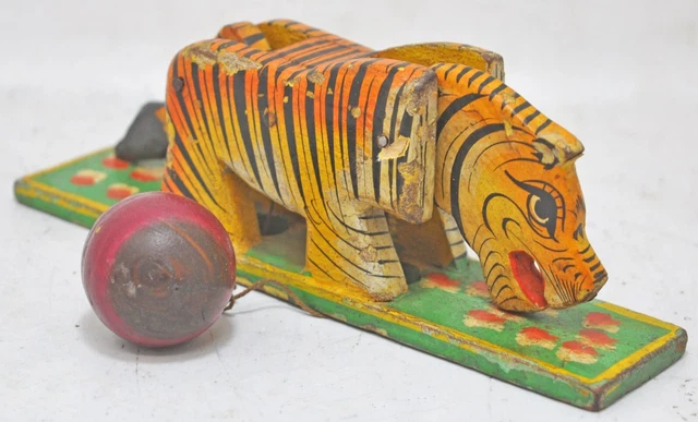 FIGURINE DE JOUET En Bois Vintage Tigre Originale Ancienne Artisanale ...