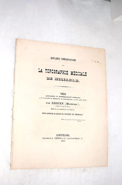 LIVRE ANCIEN TOPOGRAPHIE Médicale Milianah Algérie Climat Moeurs 1853 ...