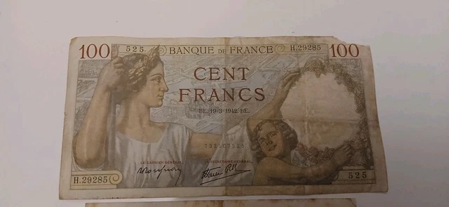 WW2 FOUR French Bank Notes ,100 Francs,50 Francs,20 Francs And 10 ...
