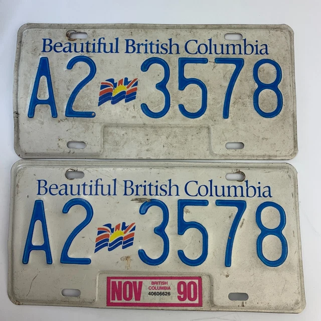 A2 3578 NOV 1990 Matching Pair of BC British Columbia License Plates ...