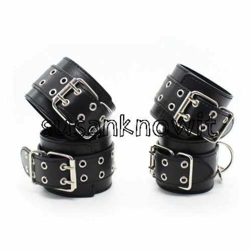 BINDING PU LEATHER Black Handcuff Ankle Cuffs Neck Collar Adjustable ...
