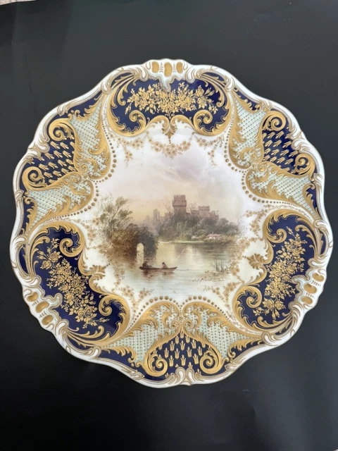 ANTIQUE ROYAL DOULTON Cobalt Raised Gold Landscape Plate Signed J. H ...