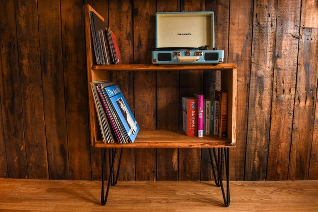 LIVE EDGE OAK vinyl record player turntable stand with steel hairpin ...