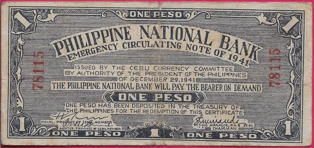 PHILIPPINES (GUÉRILLA) 1 PESO 1941 CEBU, BANQUE NATIONALE DES ...