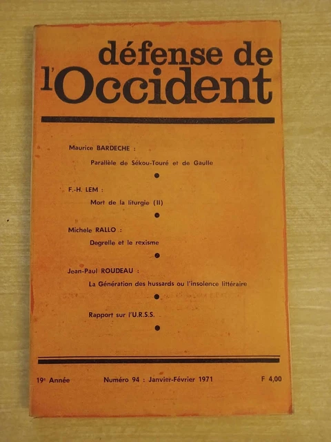 DÉFENSE DE L'OCCIDENT n°94, janv-fév 1971, Michèle RALLO, Degrelle et ...