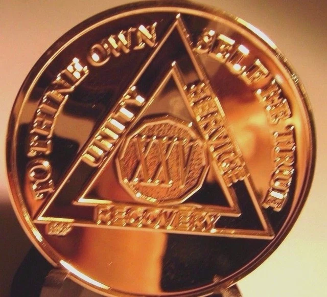 GOLD PLATED ALCOHOLICS Anonymous AA 25 Year Medallion Token Chip Sober ...